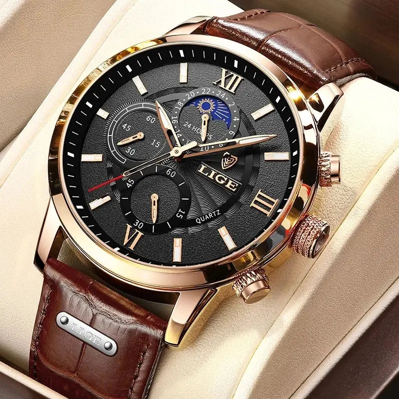 2025 New Mens Watches LIGE Top Brand Luxury Leather Casual Quartz Watc ...