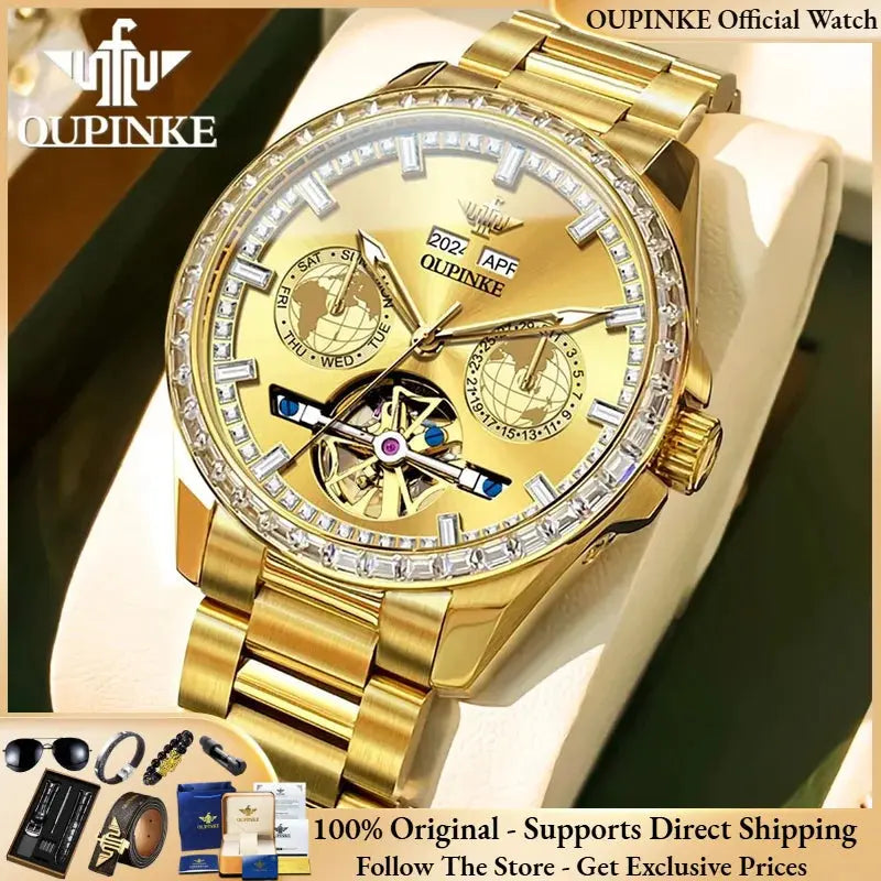OUPINKE 3280 Men Watch Fashion Business Skeleton Diamond Gold Watch Br ...